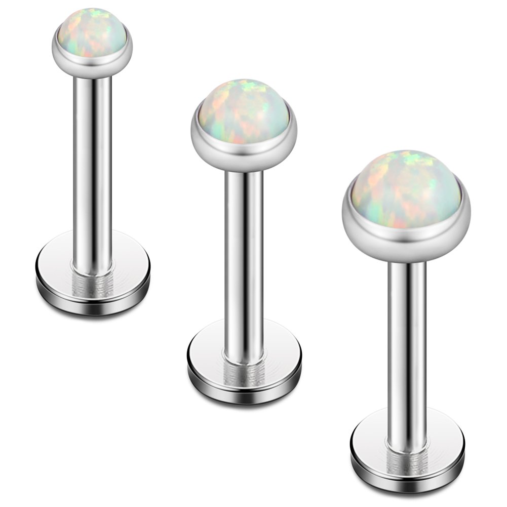 Ruifan White Opal Jeweled Internally Threaded Stainless Steel Labret Monroe Lip Ring Tragus Helix Earring Stud 16G 1/4" 6mm 3pcs