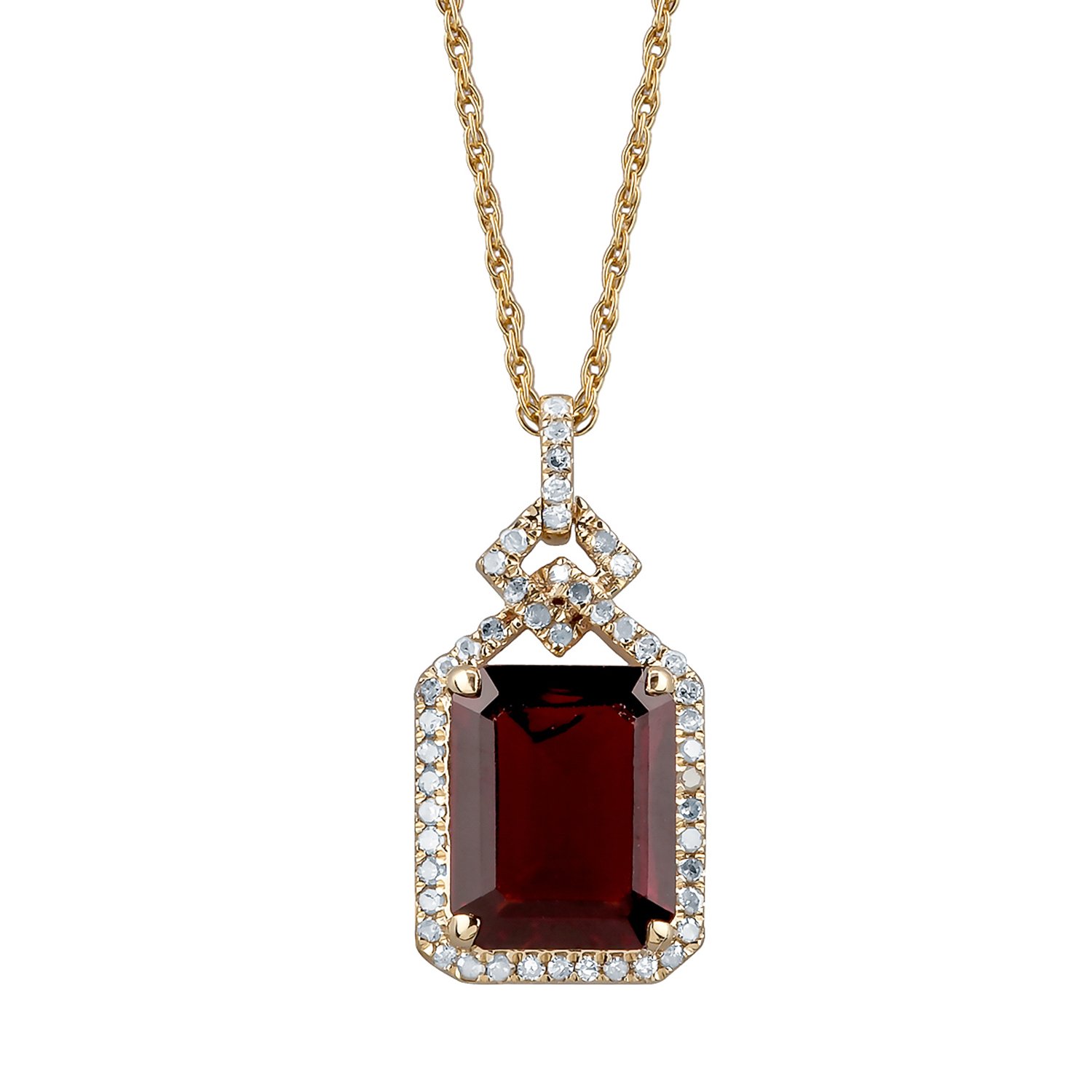 10k Yellow Gold Emerald-cut Garnet and Diamond Halo Necklace