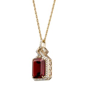 10k Yellow Gold Emerald-cut Garnet and Diamond Halo Necklace