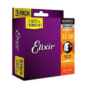 elixir strings, acoustic guitar strings, 80/20 bronze with nanoweb coating, longest-lasting bright and focused tone with comfortable feel, 6 string set, 3 pack, custom light 11-52