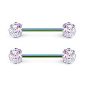 Ruifan 16G 9/16Inch Crystal & Jeweled CZ Ball Nipple Tongue Shield Ring & Stainless Steel Straight Barbell Body Piercing Jewelry Retainer 6PCS - Rainbow