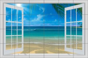 seascape tile mural backsplash - paradise beach ii by david miller ceramic kitchen shower bathroom (36" x 24" - 6" tiles)