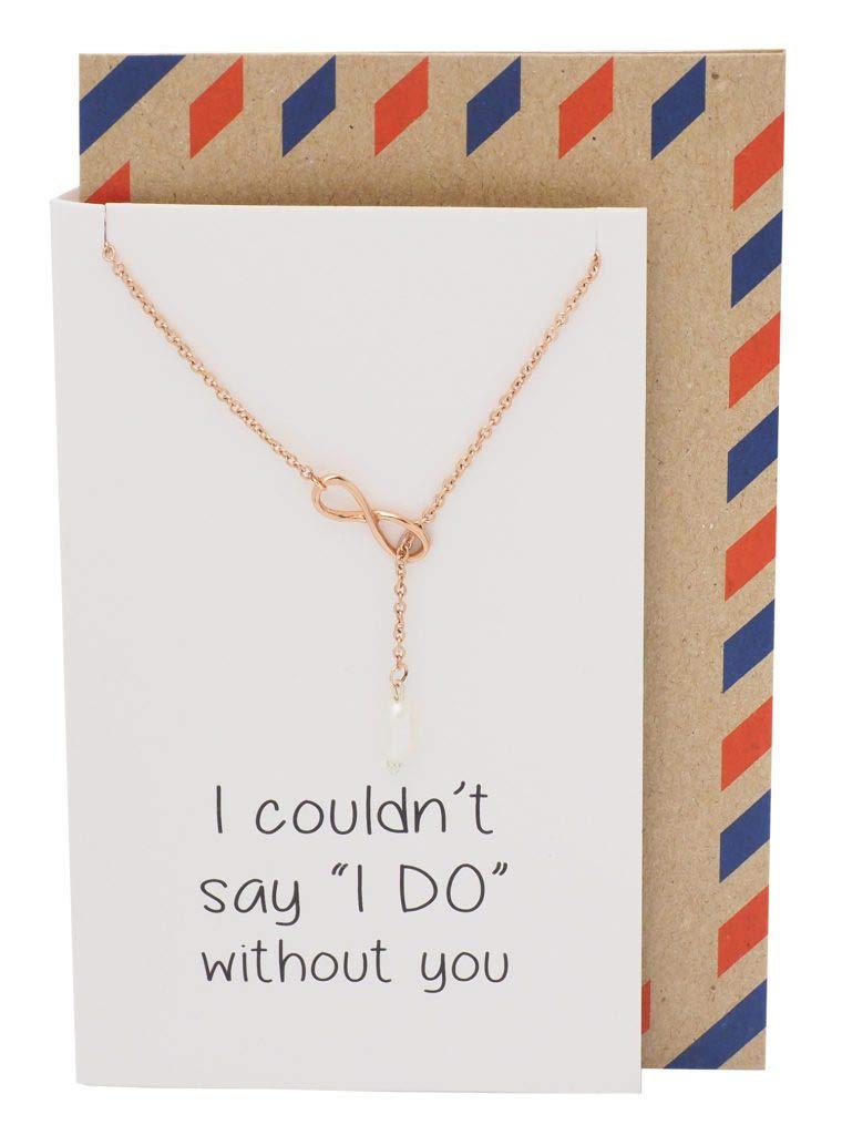 Quan Jewelry Handmade Maid of Honor Gift, Infinity and Pearl Lariat Necklaces, Bridesmaids Necklace with Greeting Card, Rose Gold Tone