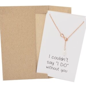 Quan Jewelry Handmade Maid of Honor Gift, Infinity and Pearl Lariat Necklaces, Bridesmaids Necklace with Greeting Card, Rose Gold Tone