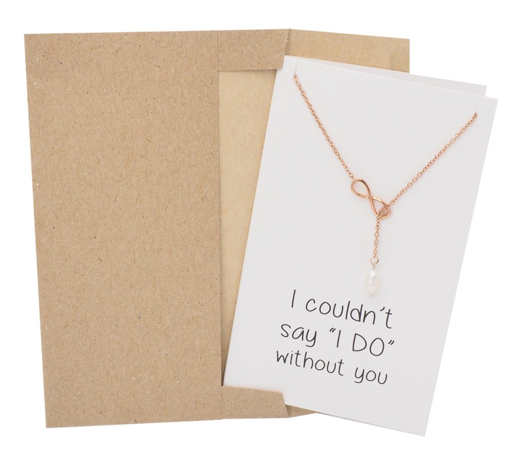 Quan Jewelry Handmade Maid of Honor Gift, Infinity and Pearl Lariat Necklaces, Bridesmaids Necklace with Greeting Card, Rose Gold Tone