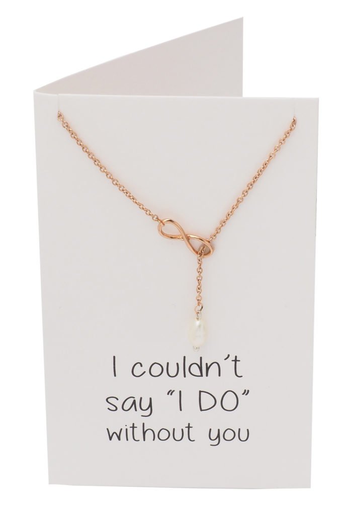 Quan Jewelry Handmade Maid of Honor Gift, Infinity and Pearl Lariat Necklaces, Bridesmaids Necklace with Greeting Card, Rose Gold Tone