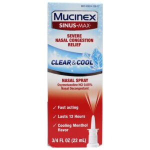 Mucinex Sinus-Max Severe Congestion Relief Clear & Cool Nasal Decongestant Spray- Fast Acting Relief For Sinus Pressure, With Cooling Menthol & Oxymetazoline, 0.75 oz. (Pack of 2), Packaging May Vary