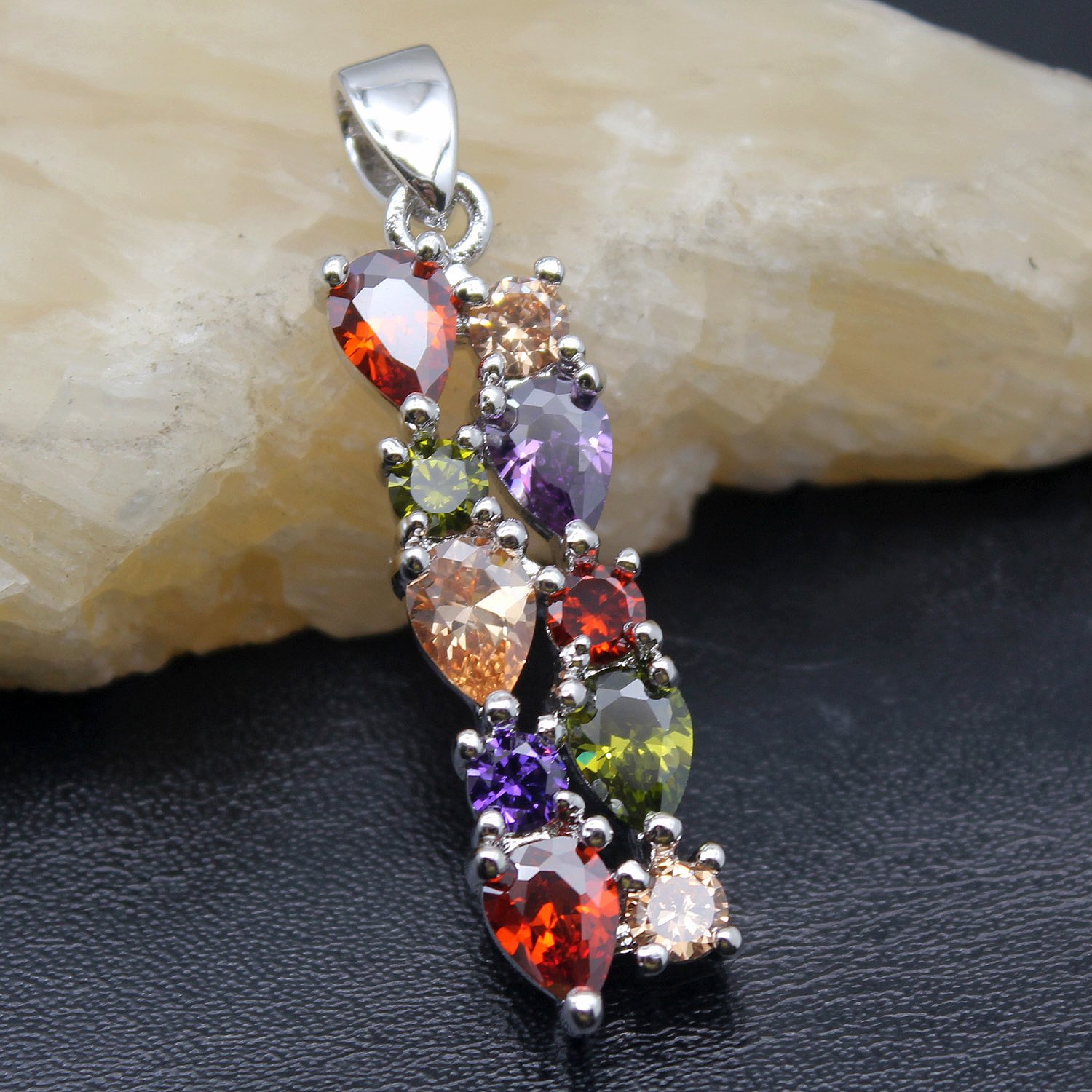 Multi Gemstone Pendants Garnet Amethyst Morganite Peridot Promise Wedding Party Necklaces Pendants (Silver Color)