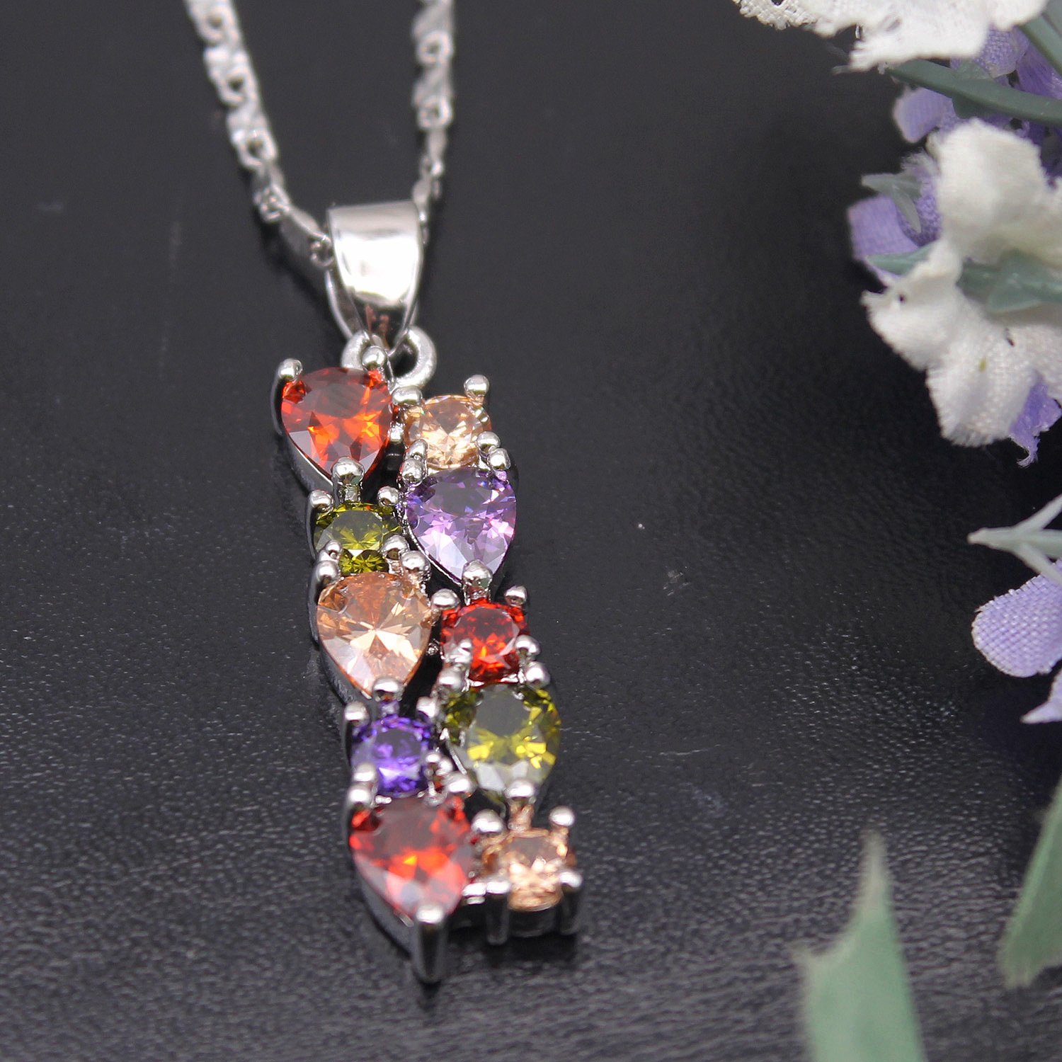 Multi Gemstone Pendants Garnet Amethyst Morganite Peridot Promise Wedding Party Necklaces Pendants (Silver Color)