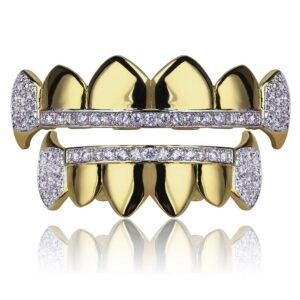 topgrillz gold hip hop teeth grillz micro pave cubic zircon top&bottom vampire fangs teeth grills set holleween gift men women (yellow gold)