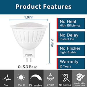 GU5.3 Base LED Light Bulb Dimmable 5W Spotlight,50W Halogen Equivalent, 120V MR16 Bi-Pin Base Warm White 2700K, Flood Light Bulb for Accent Lighting, Display Lighting, Track Lighting(Pack of 10)