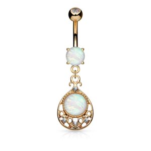 amelia fashion 14ga vintage glitter center opal dangle belly button/navel ring 316l surgical steel (choose color) (rose gold & opal)