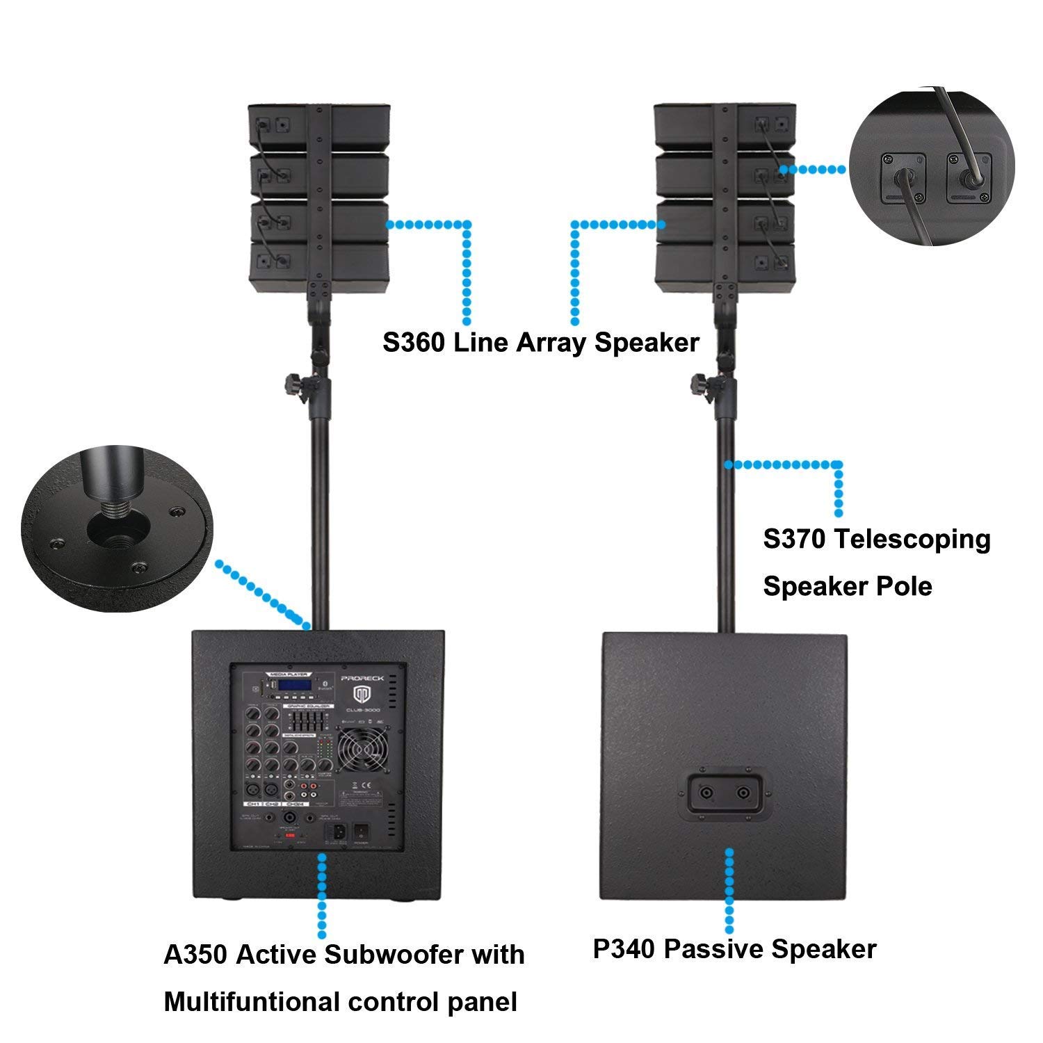 PRORECK Club 3000 12-Inch 4000w DJ Powered PA Speaker System Combo Set with Bluetooth USB Drive Read Function SD Card Remote Control,Two subwoofers and 8 line Array Speakers Set for Church, DJ, Live