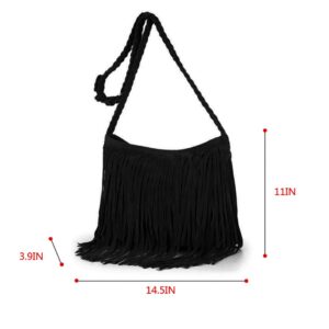 Hobo Hippie Fringe Tassel Faux Suede Shoulder Messenger Cross Body for Womens Sling Bag Black