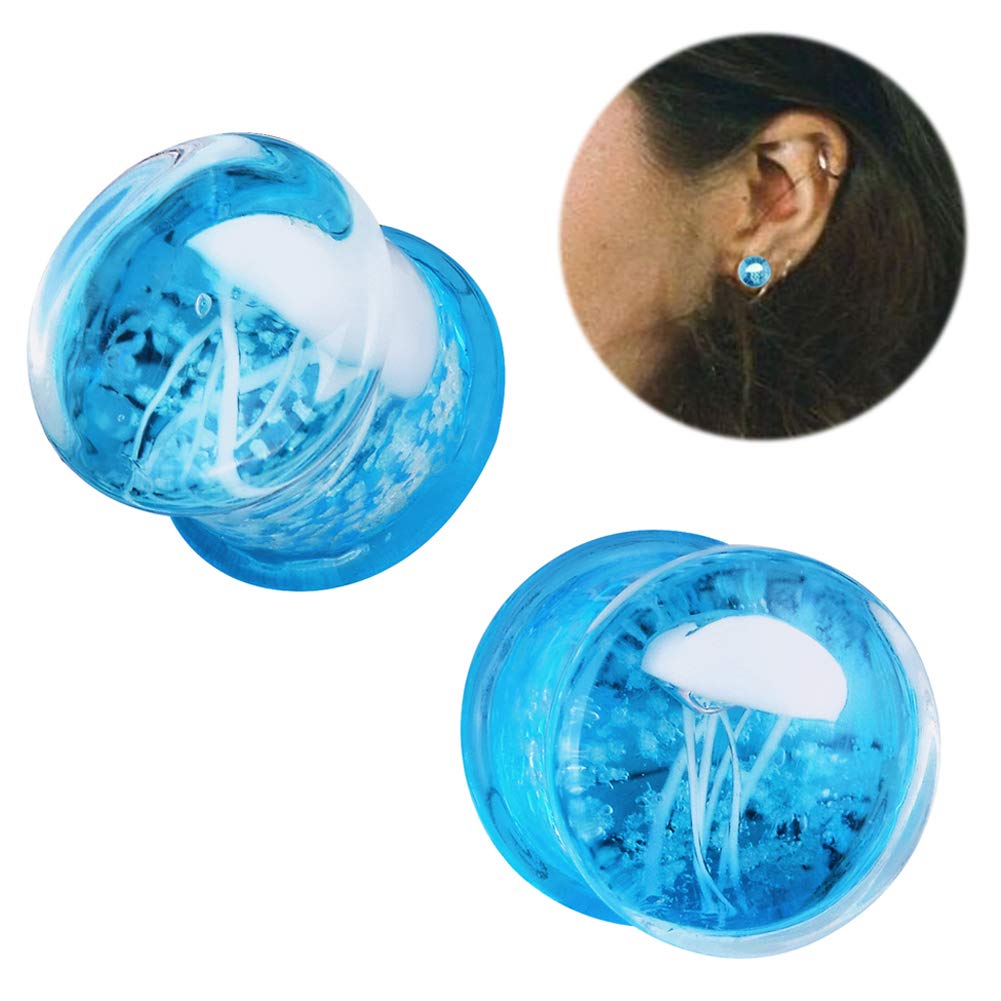 Stuppendux 2 Style Color Ocean Jellyfish Glass Double Flared Ear Plugs Tunnels Expander Stretching Kit Gauge for women men 0g(8mm)