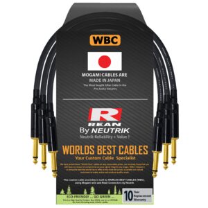 worlds best cables 3 units - 1.5 foot -pedal, effects, patch, guitar instrument cable custom made made using mogami 2524 wire and neutrik-rean nys224bg gold ¼ inch (6.35mm) ts plugs