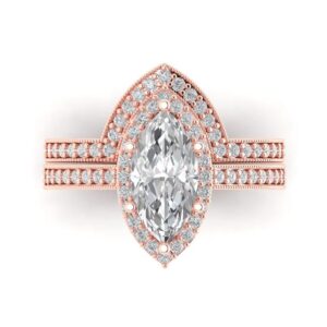 2.48ct marquise cut clear vvs1 ideal zircon 14k rose gold halo w/accents wedding bridal anniversary ring set size 8.25