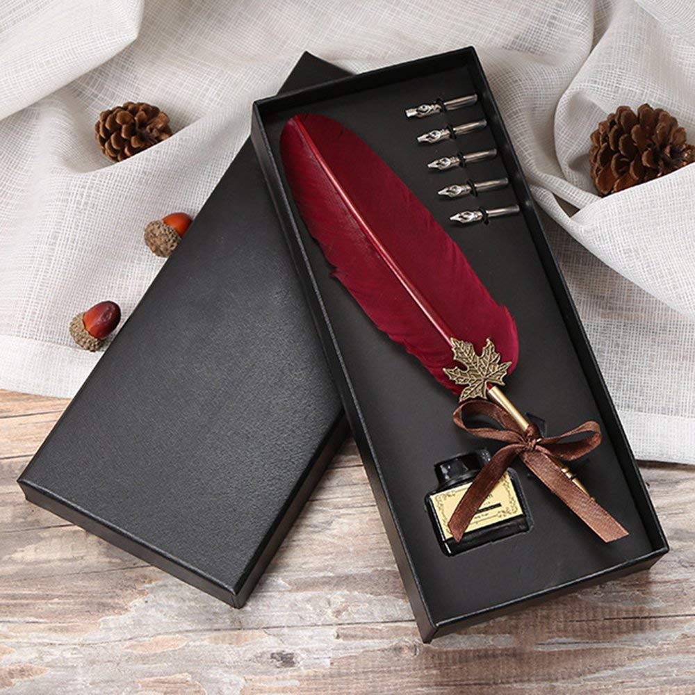 OPENDGO Vintage Feather Quill Pen and Ink Set Feather Dip Pen Calligraphy Pen Set Writing Quill Ink Dip Pen with Ink and 5 Nibs for Writing Drawing,Birthday Wedding Gift Set