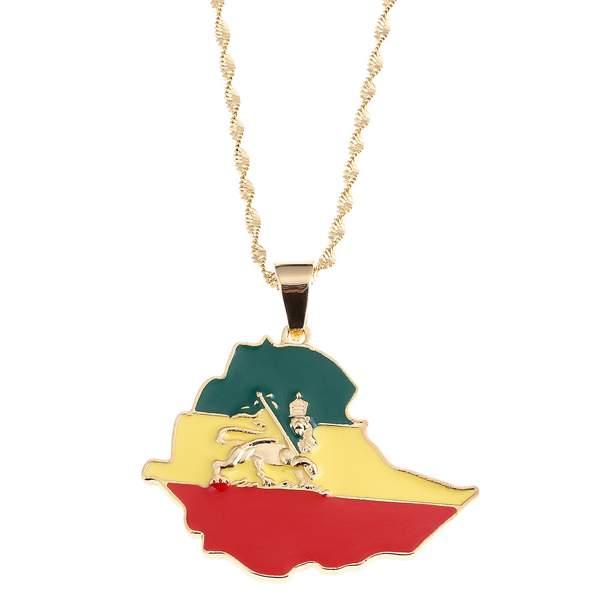 Ethiopian Flag Lion Map Pendant Necklace for Women Men Jewelry Map Chain (Gold Color)