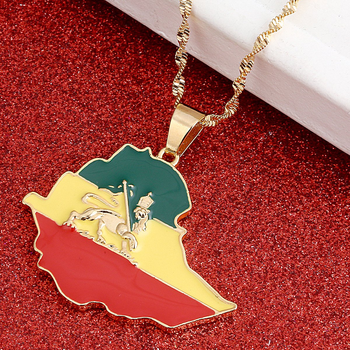 Ethiopian Flag Lion Map Pendant Necklace for Women Men Jewelry Map Chain (Gold Color)