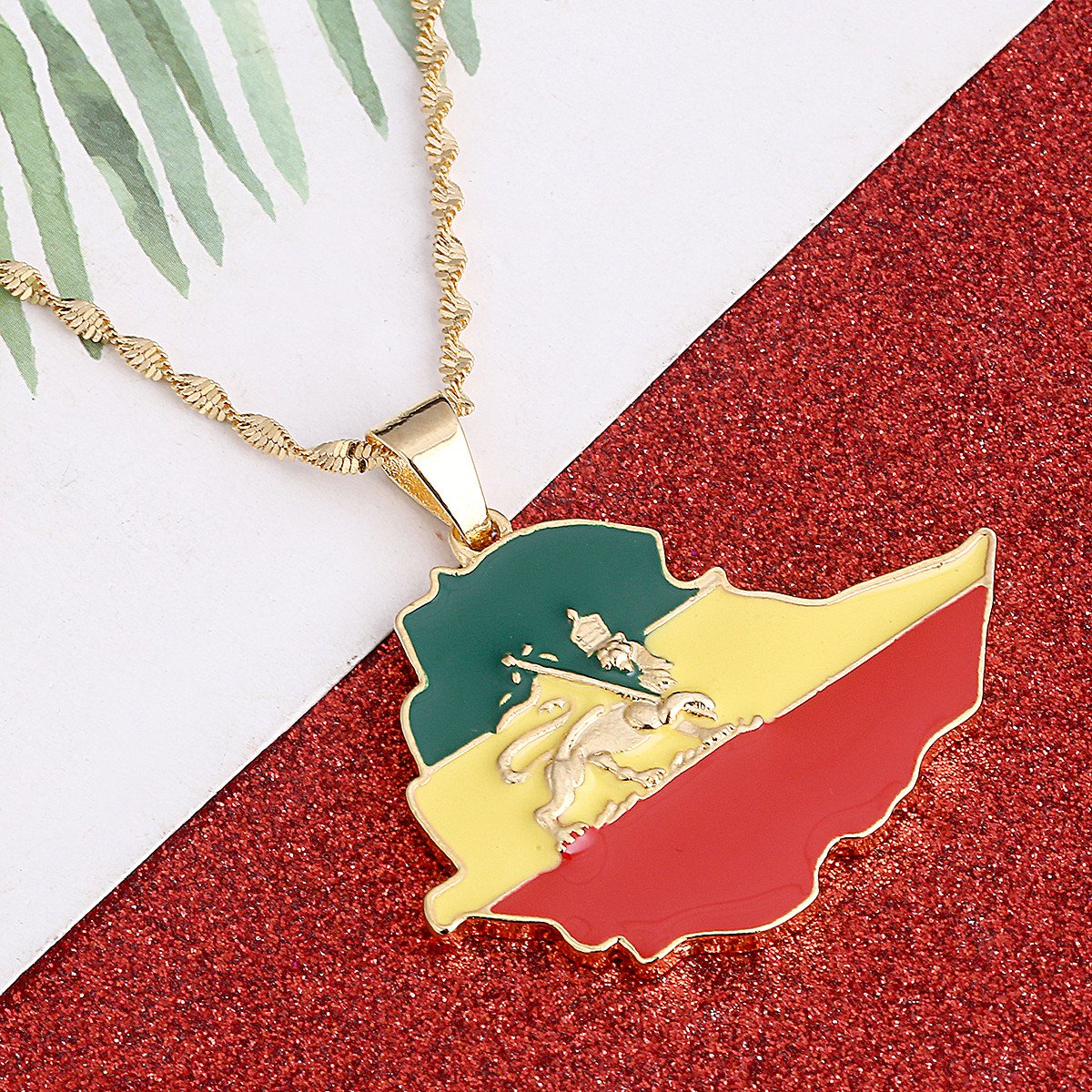 Ethiopian Flag Lion Map Pendant Necklace for Women Men Jewelry Map Chain (Gold Color)