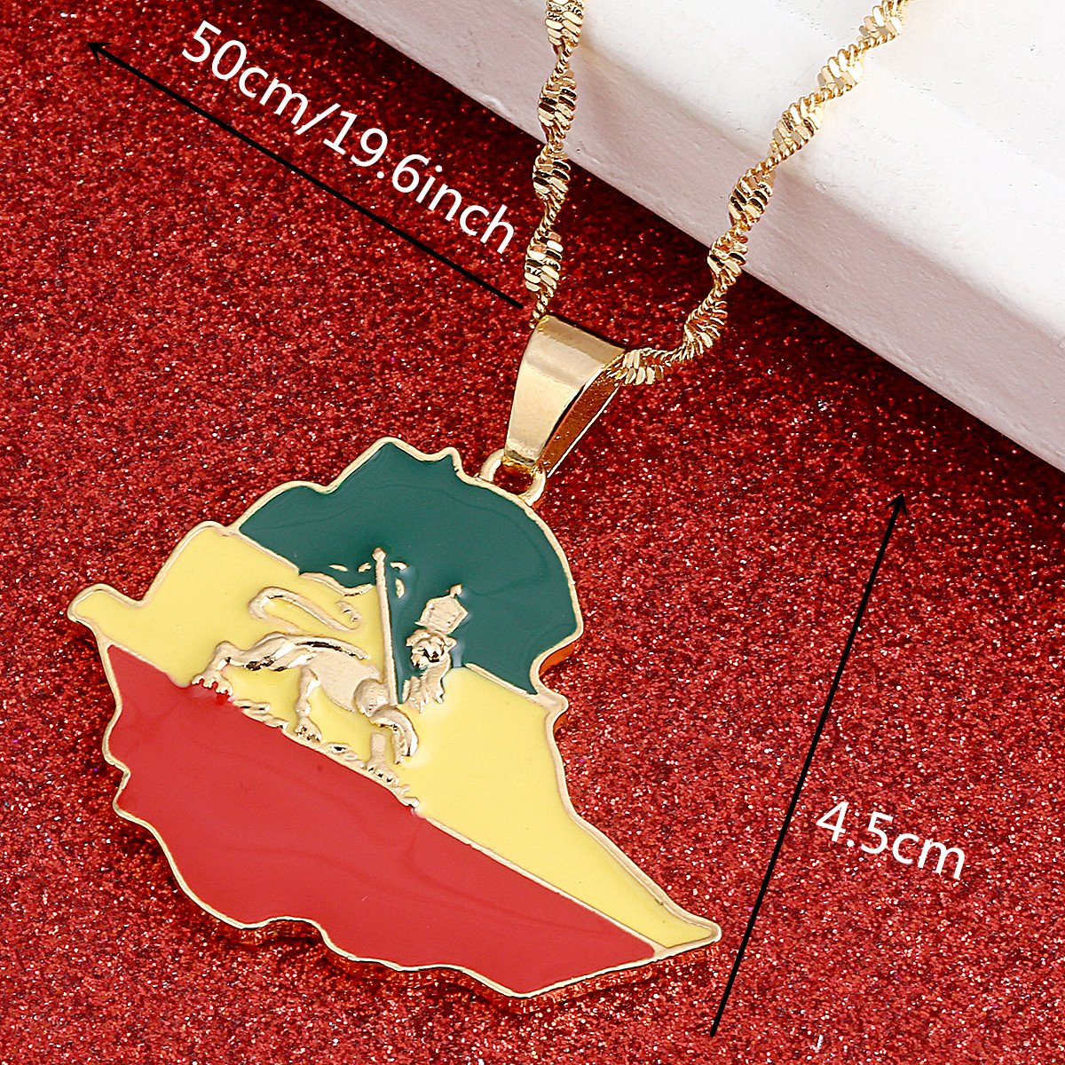 Ethiopian Flag Lion Map Pendant Necklace for Women Men Jewelry Map Chain (Gold Color)