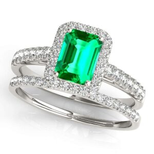 maulijewels 0.9 carat diamond and emerald shape emerald bridal set ring 4-prong 10k white gold