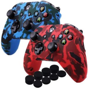 yorha water transfer printing camouflage silicone cover skin case for microsoft xbox one x & xbox one s controller x 2(red&blue) with pro thumb grips x 8