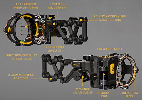 Trophy Ridge React H4 Bow Sight - 4 Pin Sight, Tool Less Windage and Elevation Adustability, 2nd Axis Leveling, Adjustable Click Light, Black