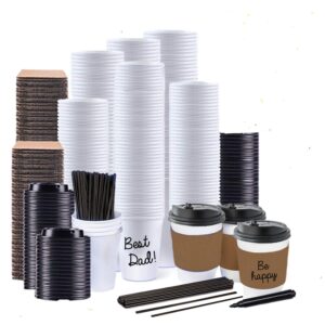 sugarman creations 12oz white disposable coffee cups with leak-proof lids. 130-pack. hot and cold beverage drinking cups. jumbo set of paper cups, lids, heat resistant sleeves and stirrers