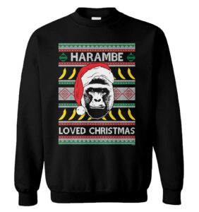 harambe loved christmas - rip gorilla meme unisex crewneck sweatshirt (black, large)