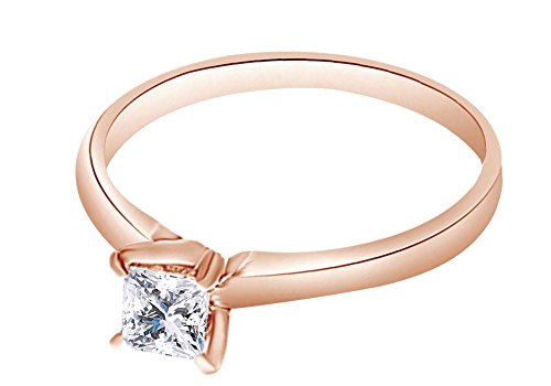 14K Solid Rose Gold Princess Shape (0.33 Cttw) White Natural Diamond Solitaire Engagement Wedding Ring, Size-10