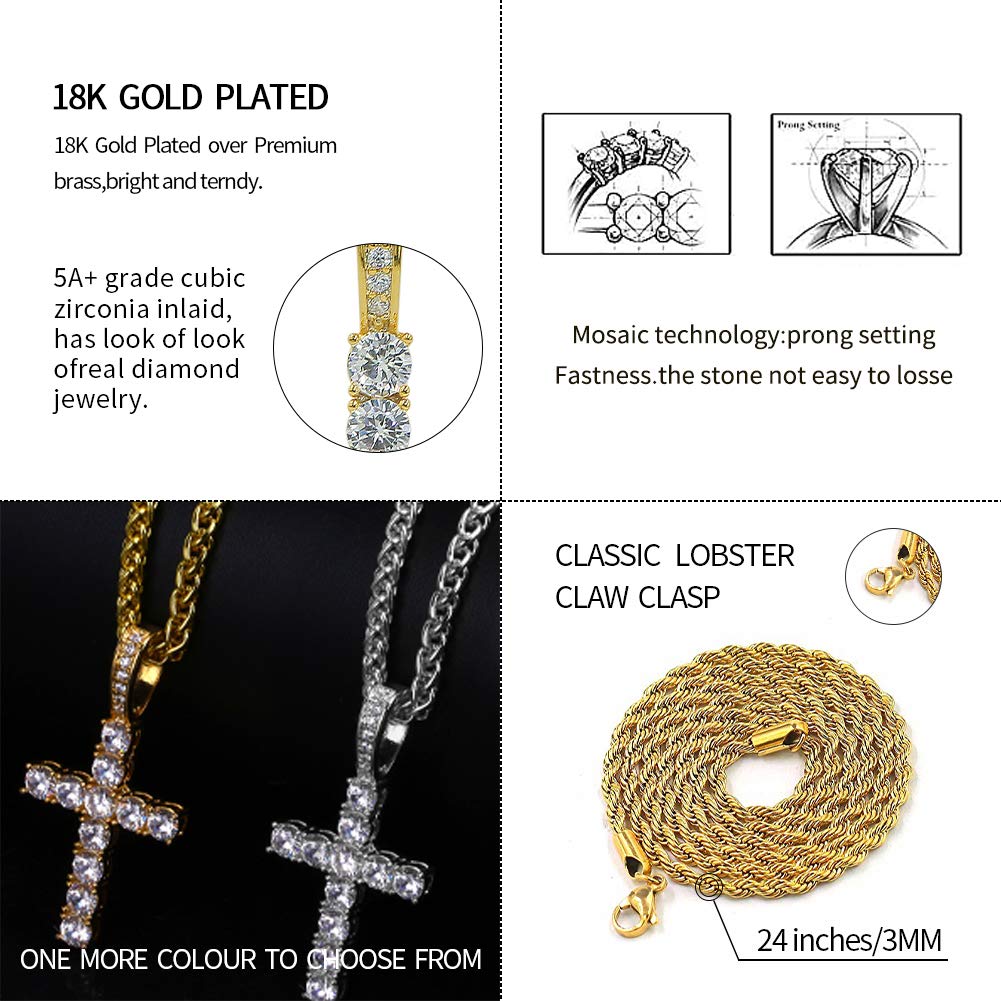 JINAO Gold Cross Necklace Iced Out Cubic Zirconia Round Cut Cross Pendant Necklace 18K Gold Plated Diamond Jewelry for Men Women with Stainless Rope Chain