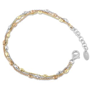 sterling silver italian tri-color triple strand oval beaded 7+1" bracelet jewelry for women or teens