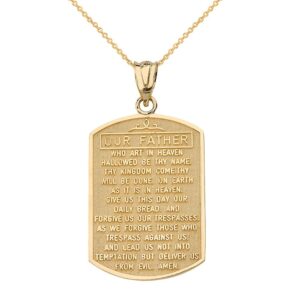 sideways crosses religious jewelry solid 10k yellow gold lord's prayer our father dog tag style necklace, 16"