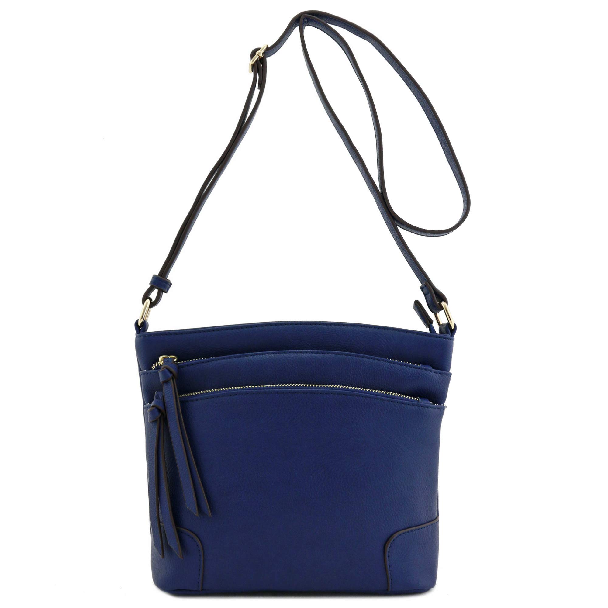 FashionPuzzle Triple Zipper Pocket Medium Crossbody Bag (Navy)