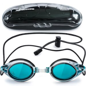 proswims anti-fog racing swimming goggles blue lens with quick adjustable elastic bungee strap, hard case and bonus swim goggles microfiber cleaning cloth