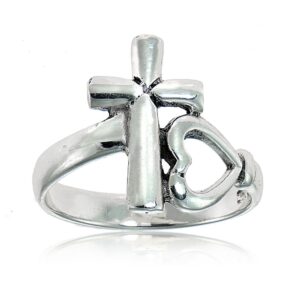 hoops & loops 925 sterling silver cross and sideways heart statement fashion christian spiritual ring for women men teen girls, size 8