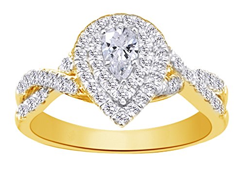 AFFY 0.62 CT White Natural Diamond Pear Shape Twist Shank Double Halo Engagement Wedding Ring In 14k Yellow Gold With Ring Size 6