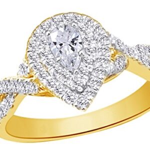 AFFY 0.62 CT White Natural Diamond Pear Shape Twist Shank Double Halo Engagement Wedding Ring In 14k Yellow Gold With Ring Size 6