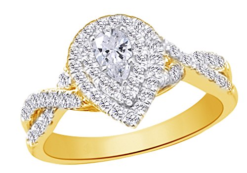 AFFY 0.62 CT White Natural Diamond Pear Shape Twist Shank Double Halo Engagement Wedding Ring In 14k Yellow Gold With Ring Size 6