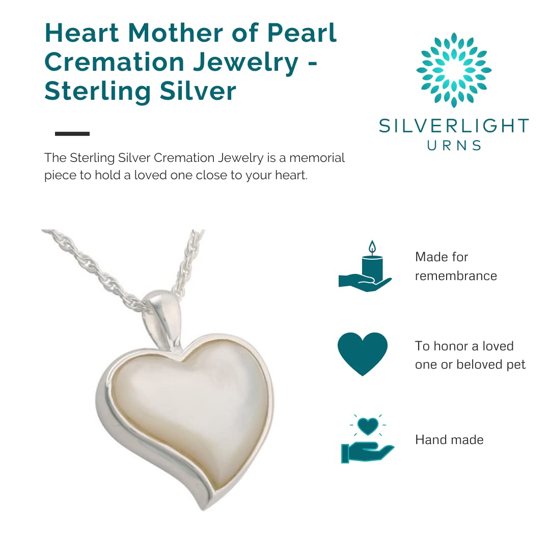 Heart Mother of Pearl Pendant and Necklace for Ashes, Sterling Silver, Cremation Jewelry for Ashes