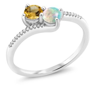 gem stone king 10k white gold forever united 2 stone yellow citrine and white simulated opal and diamond engagement ring for women (0.68 cttw, round, avaiable in size 5,6,7,8,9)