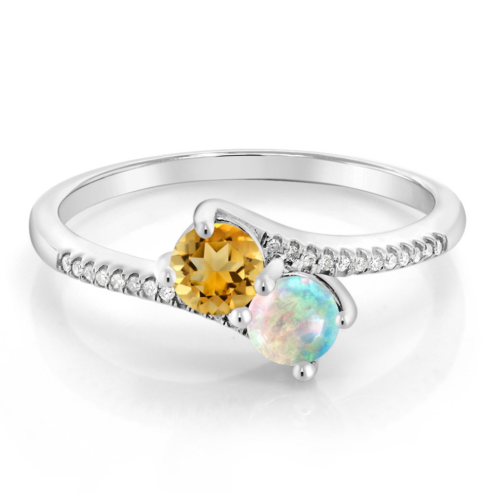 Gem Stone King 10K White Gold Forever United 2 Stone Yellow Citrine and White Simulated Opal and Diamond Engagement Ring For Women (0.68 Cttw, Round, Avaiable in Size 5,6,7,8,9)