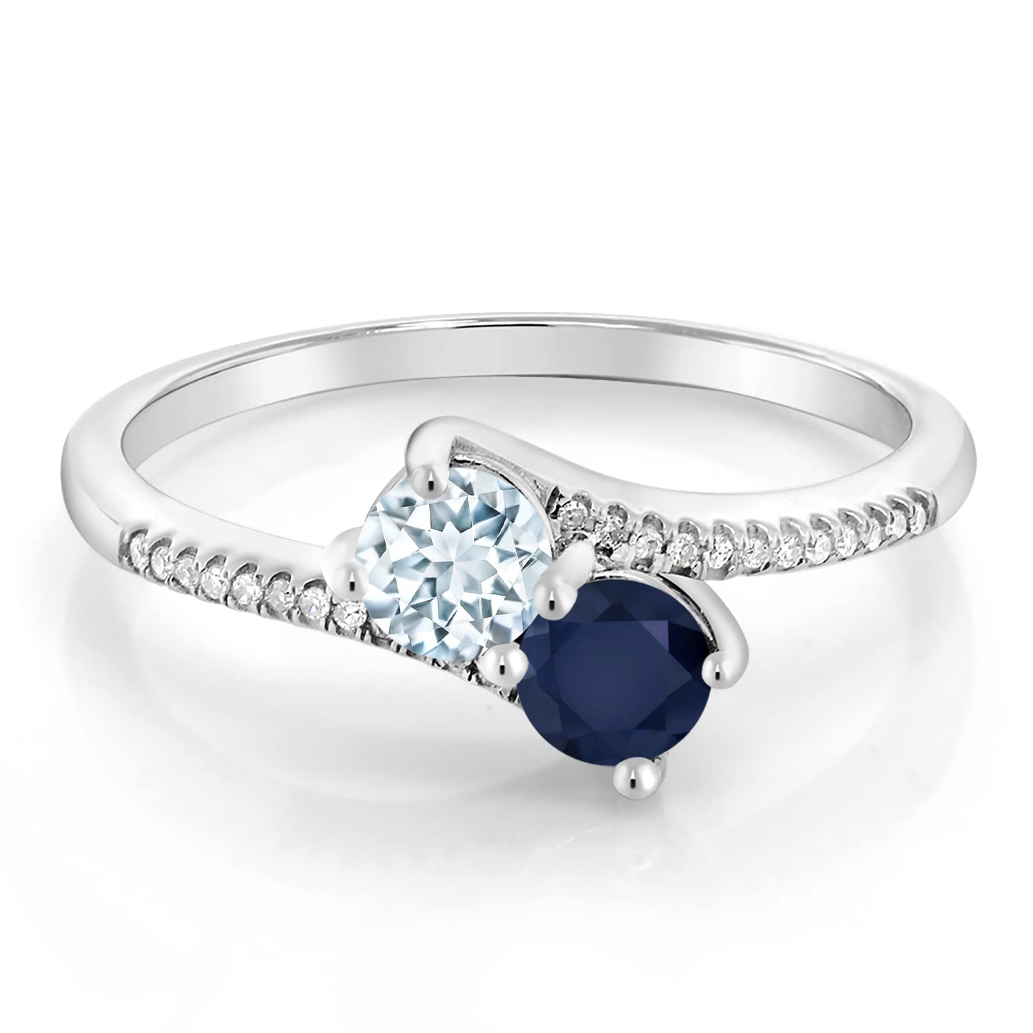 Gem Stone King 10K White Gold Forever United 2 Stone Sky Blue Aquamarine and Blue Sapphire and Diamond Engagement Ring For Women (0.75 Cttw, Round, Avaiable in Size 5,6,7,8,9)