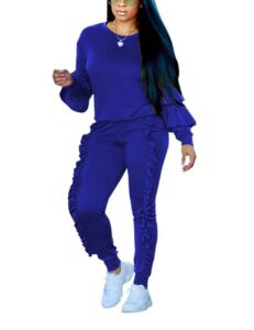 akmipoem women sweatshirt ruffle sleeve pullover tops and long jogger pants royal blue xl