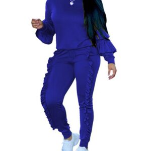 Akmipoem Women Sweatshirt Ruffle Sleeve Pullover Tops and Long Jogger Pants Royal Blue XL