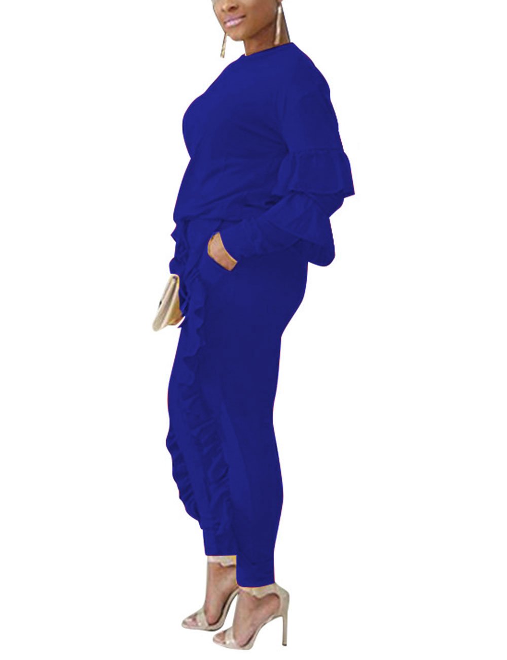 Akmipoem Women Sweatshirt Ruffle Sleeve Pullover Tops and Long Jogger Pants Royal Blue XL