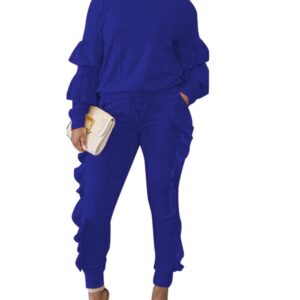 Akmipoem Women Sweatshirt Ruffle Sleeve Pullover Tops and Long Jogger Pants Royal Blue XL