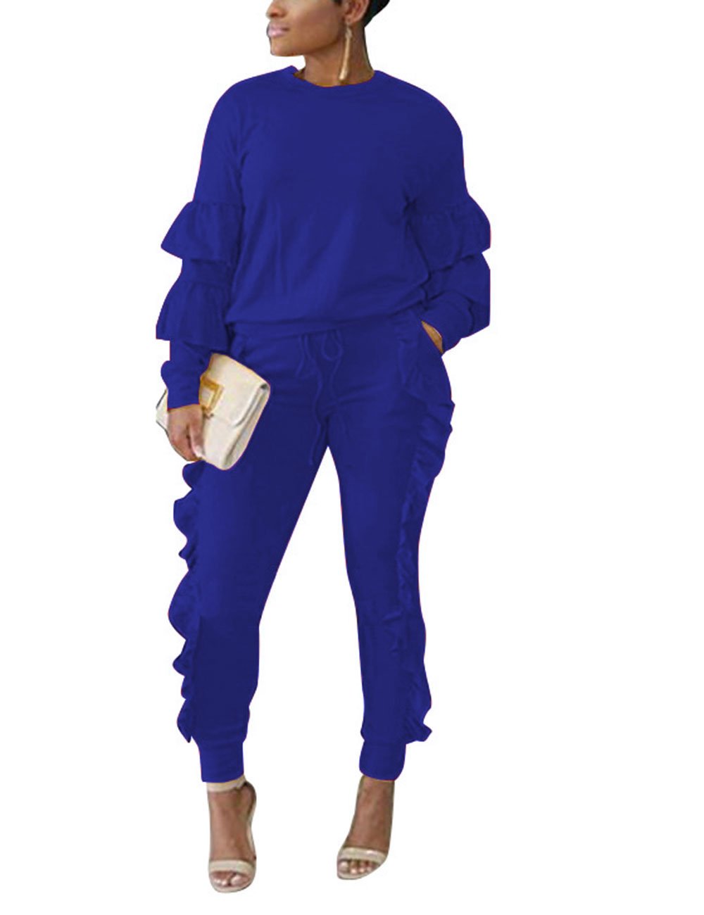 Akmipoem Women Sweatshirt Ruffle Sleeve Pullover Tops and Long Jogger Pants Royal Blue XL